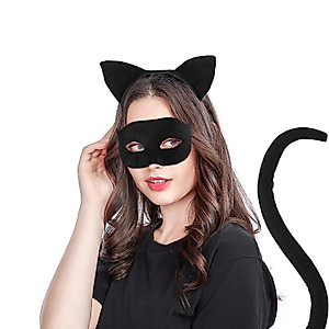 Halloween Black Cat Costume Set for Women, Cat Ear Headband Tail with Black Cat Mask Masquerade Halloween Cat Costume Accessory