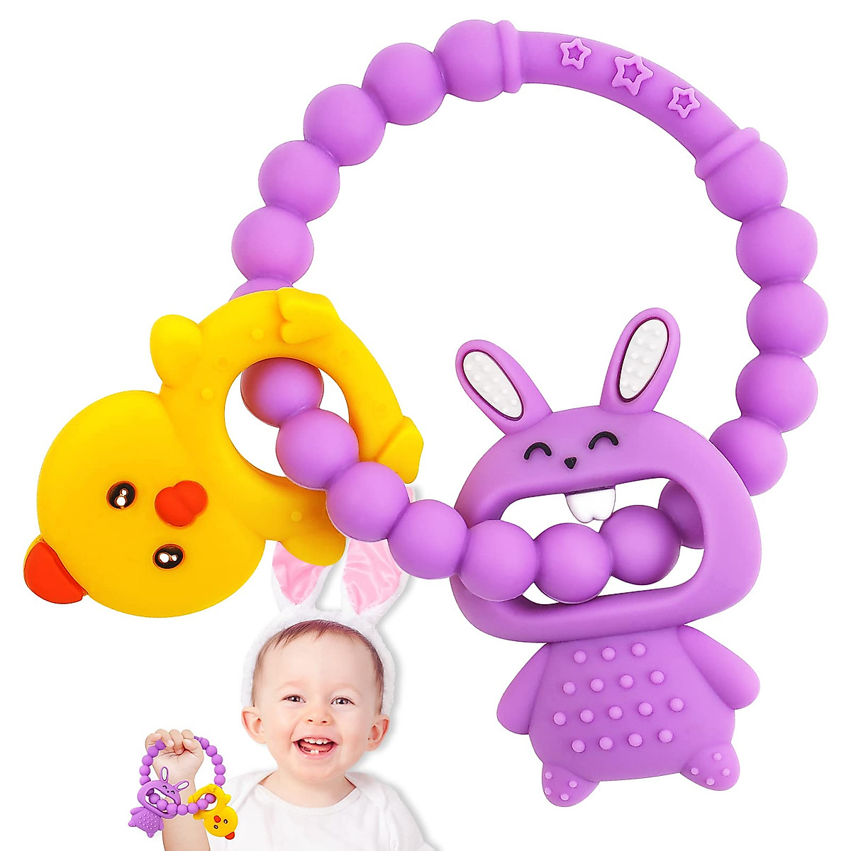 Bunny Easter Teething Toys for Baby 3-6 Months Soft & Easy Grip Silicone Baby Easter Basket Stuffers Infant Teething Toys Relief Chocking-Proof Gifts Boys Girls