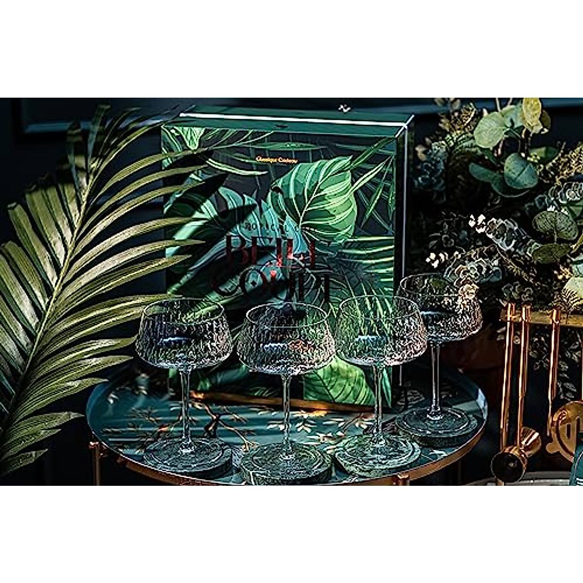 Vintage Flamingo Belle Coupe Glasses for Cocktails and Champagne | Tropical Chic Glassware Collection | Set of 4 | 12 oz Crystal Retro Style Stemmed Saucers for Elegant Bar Drinks