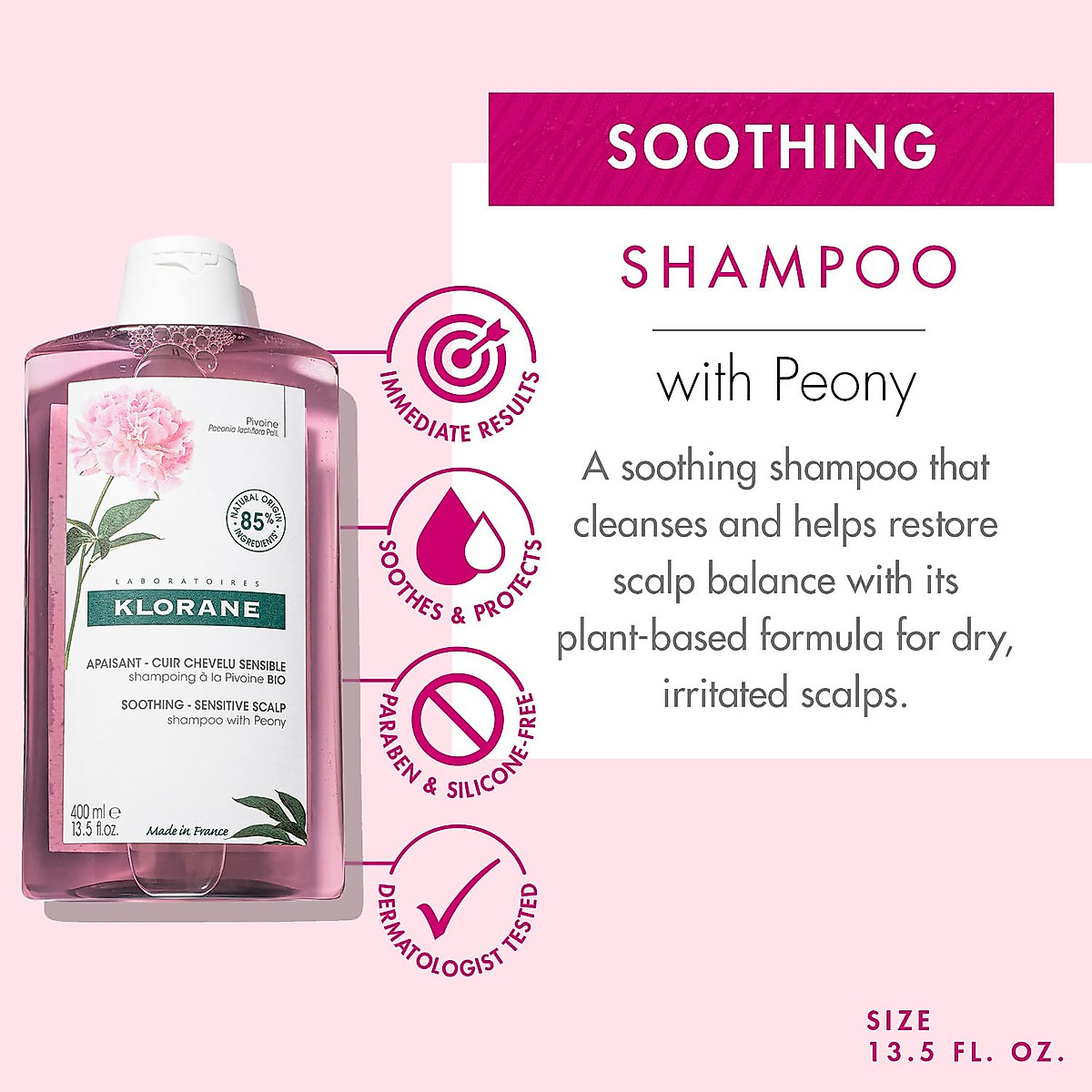 Klorane Shampoo with Peony, Soothing Relief for Dry Itchy Flaky Sensitive Scalp, pH Balanced, Provides Comfort, 13.5 fl. oz.