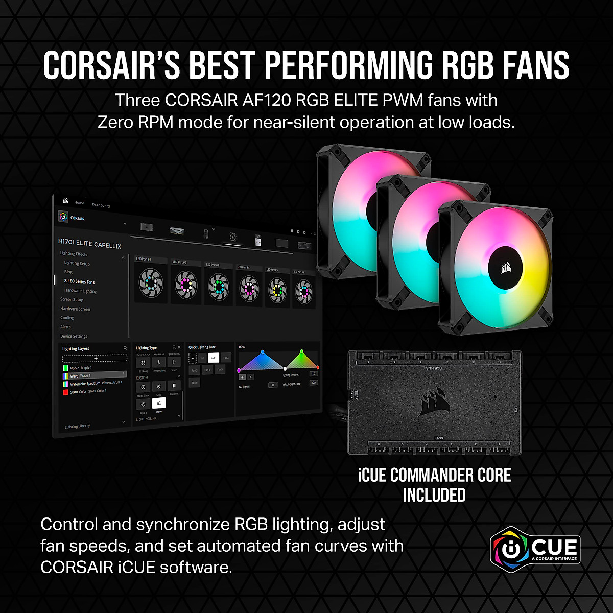 Corsair iCUE H150i Elite CAPELLIX XT Desktop Liquid CPU Cooler - Three AF120 RGB Elite Fans - 360mm Radiator - Intel® LGA 1700, 1200, 115X, 2066, AMD® AM5, AM4 - Included iCUE Commander CORE - Black