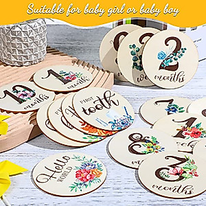 16 Pieces Wooden Baby Monthly Milestone Cards Floral Baby Monthly Milestone Marker Discs Double Sided Monthly Milestone Wooden Circles Baby Months Signs for Baby Shower Newborn Photo Props