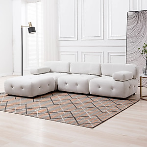 Mjkone Modular Sectional Sofa with Reversible Chaise, Velvet L Shaped Cloud Couch with Reversible Ottoman, 4 Seater Couch Button Tufted Designed Cloud Sofa, DIY Combination Sofa for Living Room,Beige
