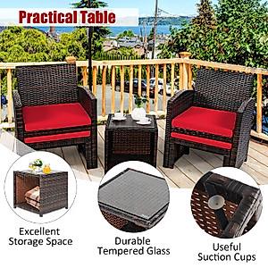 Tangkula 5 Pieces Patio Rattan Furniture Set, Outdoor Conversation Set with Cushioned Chair & Ottoman & Tempered Glass Coffee Table, All Weather Patio Sofa Sets for Garden, Backyard, Poolside (Red)