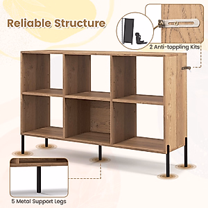Julimoon 6 Cube Storage Organizer Bookcase, 3-Tier Wood Open Bookshelf with Metal Legs, 5-Position Adjustable Display Shelf & Anti-Tipping Device, Freestanding Organizer for Home, Office & Living Room