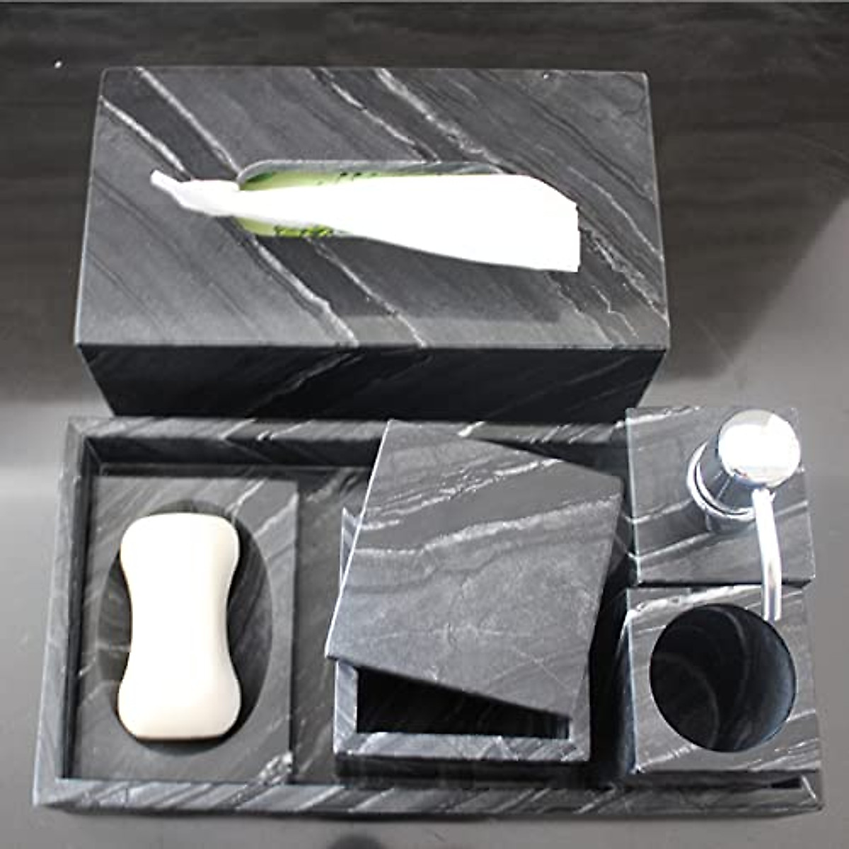 Chrocks Bathroom Accessory Set Made from Natural Stone Black Wood Marble - Bath Accessories Set of 6 Includes Soap Dispenser, Toothbrush Holder, Tumbler and Soap Dish Tray Tissue Box