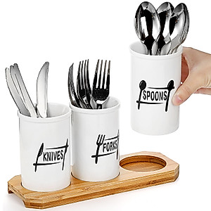 Youeon 3 Pcs Ceramic Silverware Caddy Utensil Holder for Countertop, Silverware Organizer with Bamboo Tray, Spoon and Fork Holder, Flatware Organizer Utensil Caddy for Counter, Cabinet, Restaurant