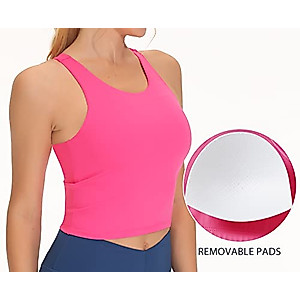 THE GYM PEOPLE Women's Racerback Longline Sports Bra Removable Padded High Neck Workout Yoga Crop Tops Bright Pink