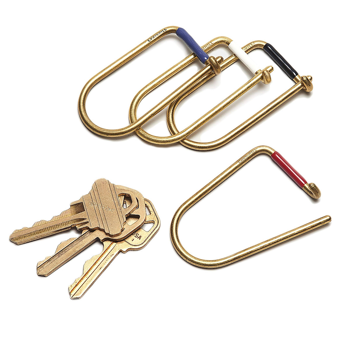 Craighill Wilson Brass Keyring - 2” Carabiner Keychain Clip, Minimalist Key Ring for Car Keys, Heavy Duty, Lightweight, D Ring Key Organizer - White Stripe