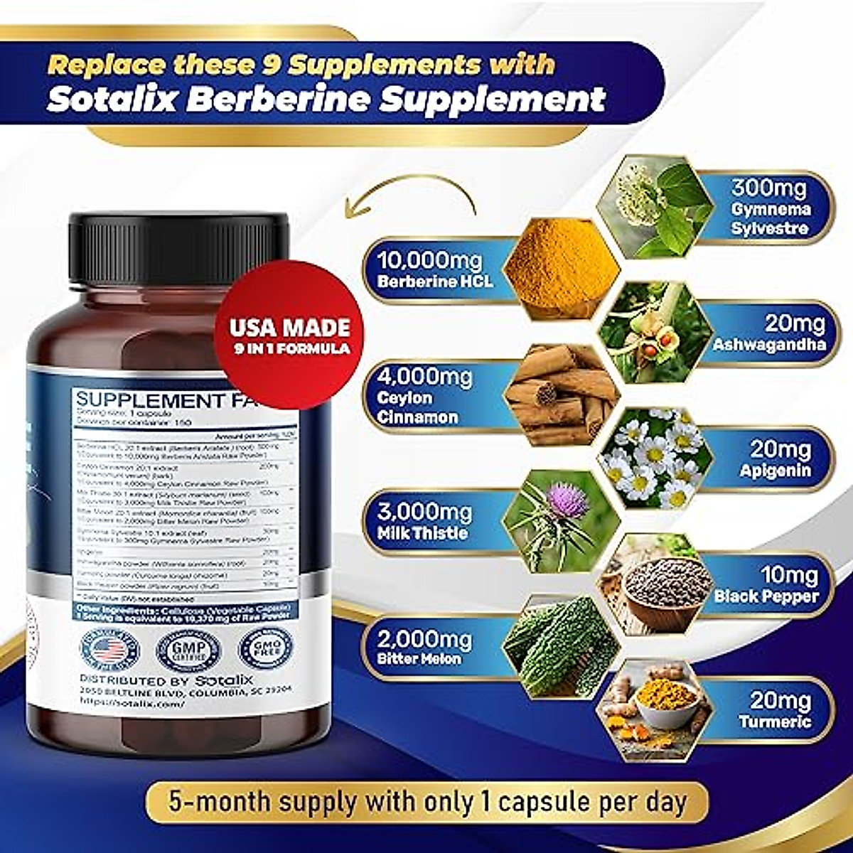 SOTALIX SUPPLEMENT Premium Berberine 19,370mg Plus Ceylon Cinnamon, Bitter Melon, Milk Thistle - Supports Immune System, Heart & Gastrointestinal Wellness - 150-day Supply (150 Count (Pack of 1))