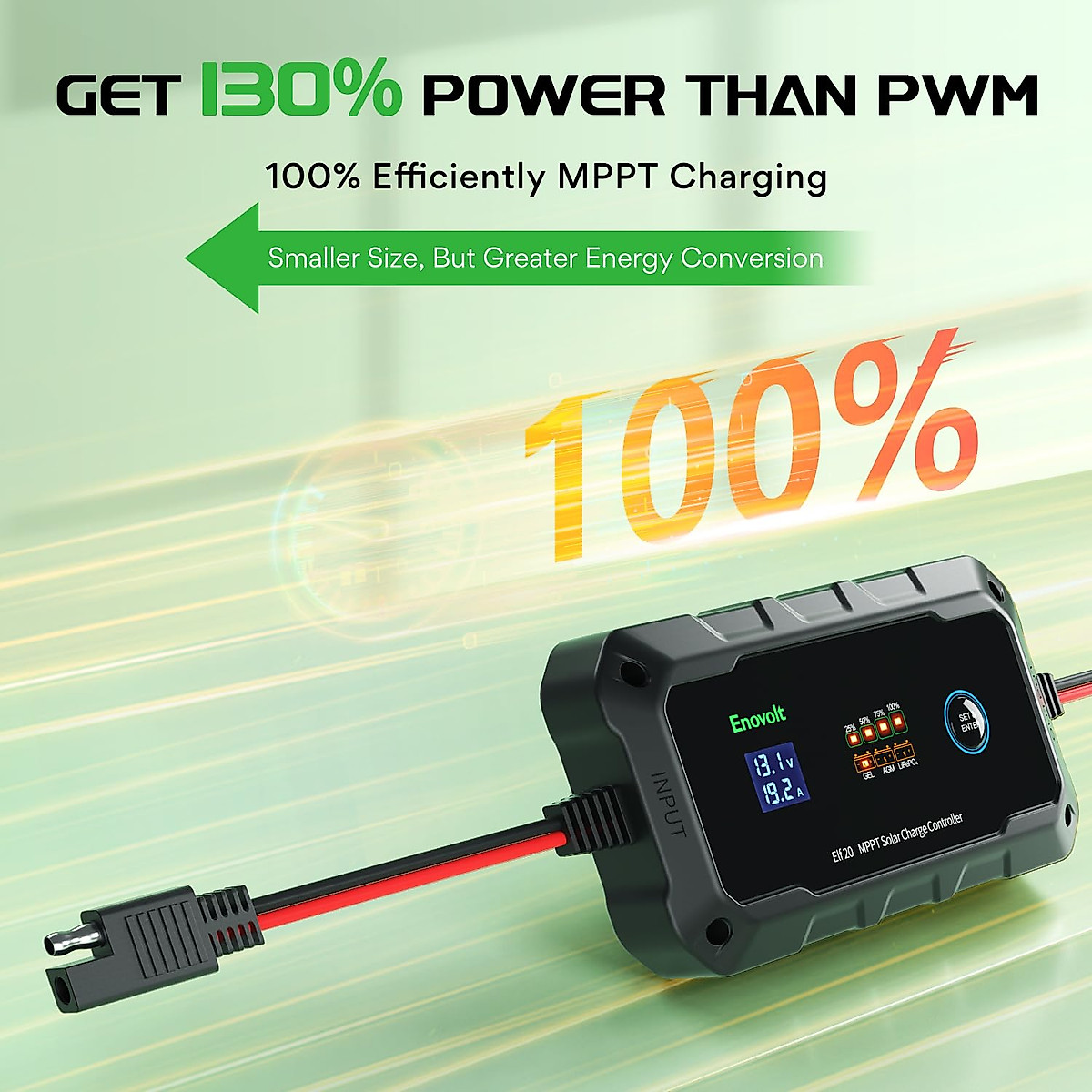 10A MPPT Solar Charge Controller 12V, Enovolt Portable Solar Panel Regulator with Solar Connector, Intelligent Digital LCD Display for Lead-Acid Batteries, Lithium, Foldable Solar Panel (ELF10)