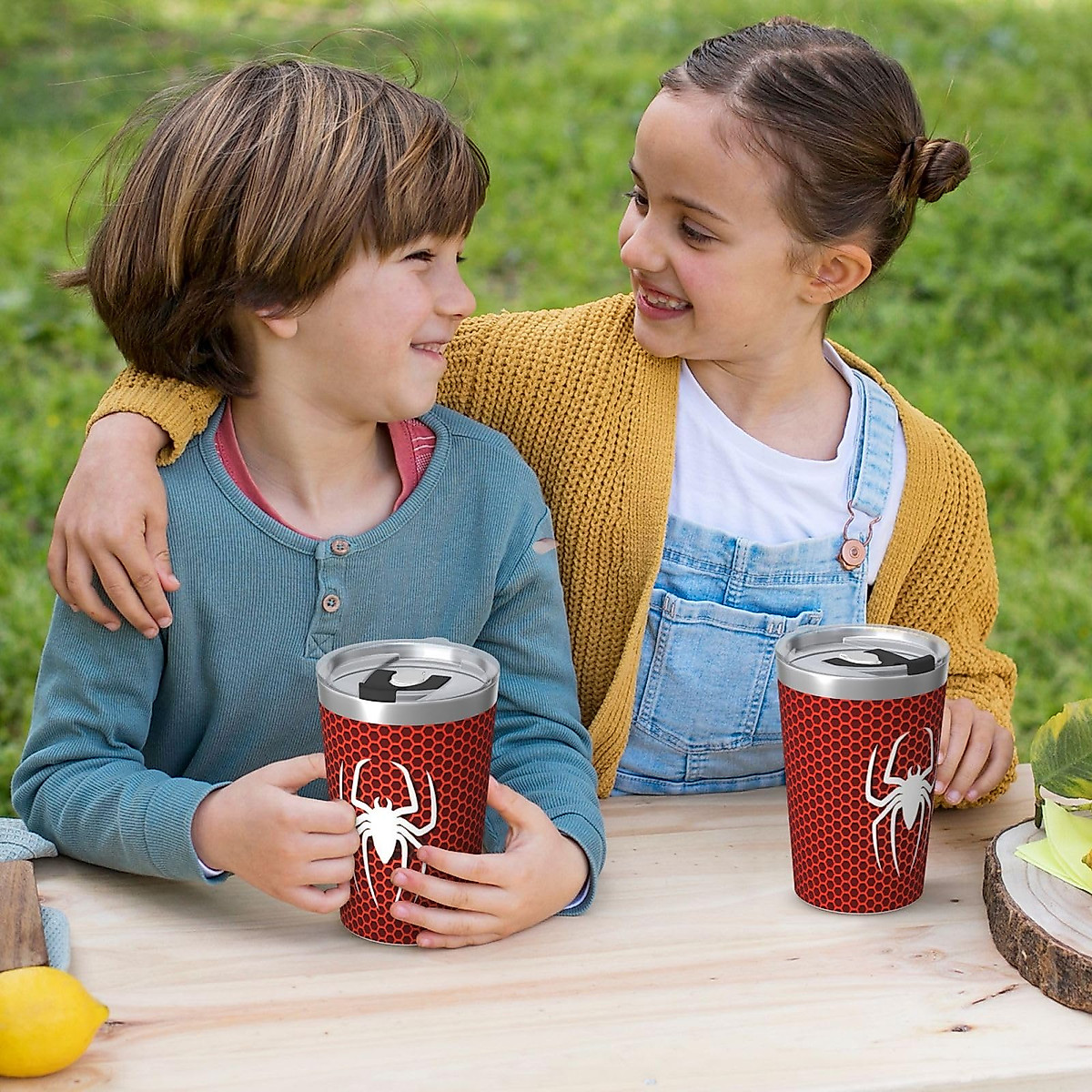 PAYOHTO Red Spider Skin Pattern Superhero Insulated Stainless Steel Tumbler 12 oz Thermos Come with Straw Kids Leak-Proof Travel Mug Cup