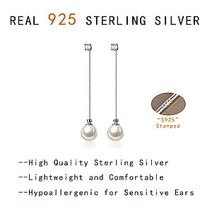 Reffeer Solid 925 Sterling Silver Pearl Earrings Drop for Women Teens Girls Pearl Dangle Earrings CZ Studs Wedding Bridal Dangle Earrings