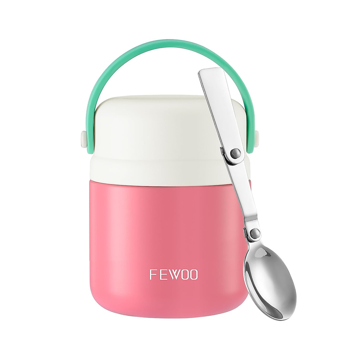 FEWOO Food Jar, 13.5oz Insulated Lunch Soup Container for Hot Cold Food for Kids Adults, Leak Proof Vacuum Stainless Steel Food Jar with Folding Spoon for School Travel Outdoors (Green-Pink)