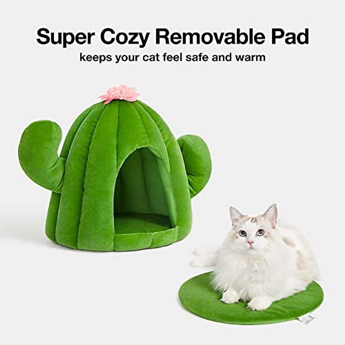 VETRESKA Cute Cactus Cat and Dog Bed, Cats Cave Dog House, Comfy Pet Bed with Machine Washable Nest Cushion for Cats, Dogs, Puppy, Kitty, Kitten, Rabbit, Green Cactus
