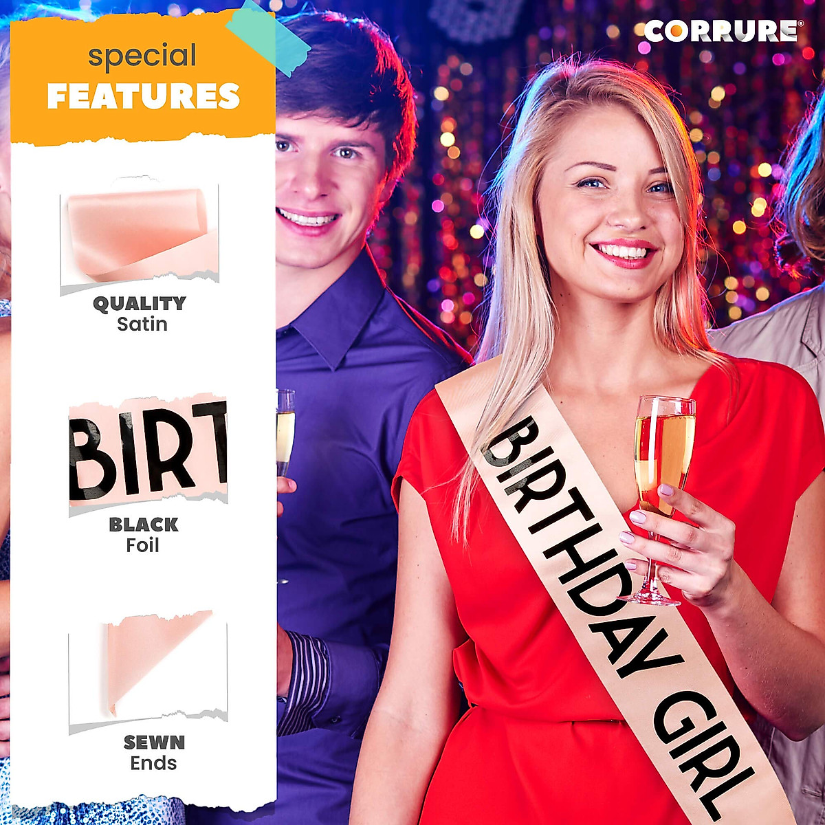 CORRURE 'Birthday Girl' Sash with Black Foil - Soft Satin Rose Gold Sash for Women - Birthday Sash for Happy 16th 18th 21st 25th 30th 40th 50th or Any Other Bday - Great Party Supplies and Decorations