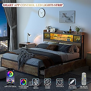 Gyfimoie Queen Bed Frame with 4 Storage Drawers, LED Bed Frame with Outlets and USB Ports, Metal Platform Bed Frame Queen Size with 3-Tier Storage Headboard, No Box Spring Needed (Queen)