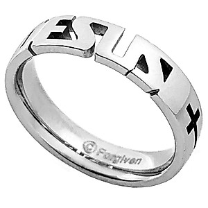 FORGIVEN JEWELRY RSJE1 JESUS Letters with Crosses Stainless Steel Ring Size 8-Christian Jewelry