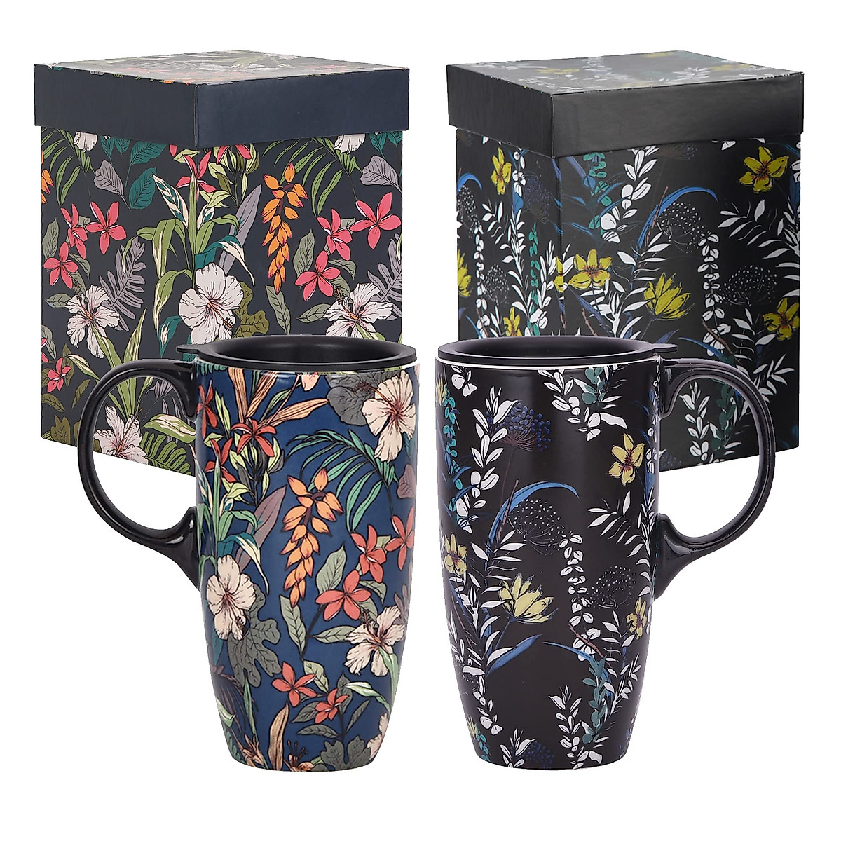 TZSSP Coffee Ceramic Mug Porcelain Latte Tea Cup With Lid 17oz. 2pack Blue and Black