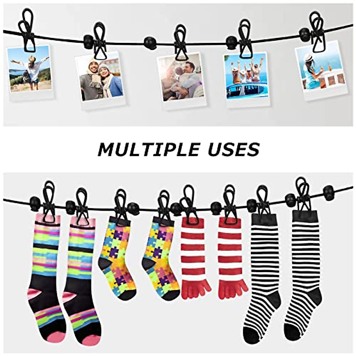 FYY Clothesline, Portable Elastic Travel Camping Clothes line with 12 Black Clips, Retractable Laundry Drying line for Home, Backyard, Hotel, Outdoor and Indoor Use (Black)