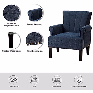 Henf Accent Chair Rivet Tufted Polyester Armchair, Living Room Chair Single Sofa, Barrel Chair Club Chair with Rubber Wood Legs, Upholstered Chair for Living Room/Bedroom/Hosting Room (Navy)