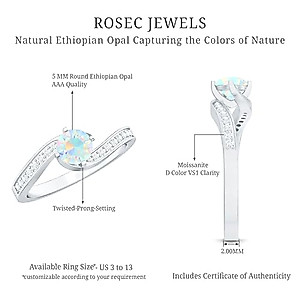 Certified 5 MM Opal Round Engagement Ring, AAA Quality, Natural Ethiopian Opal Solitaire Ring with Moissanite, 14K White Gold, Size:US 8.00