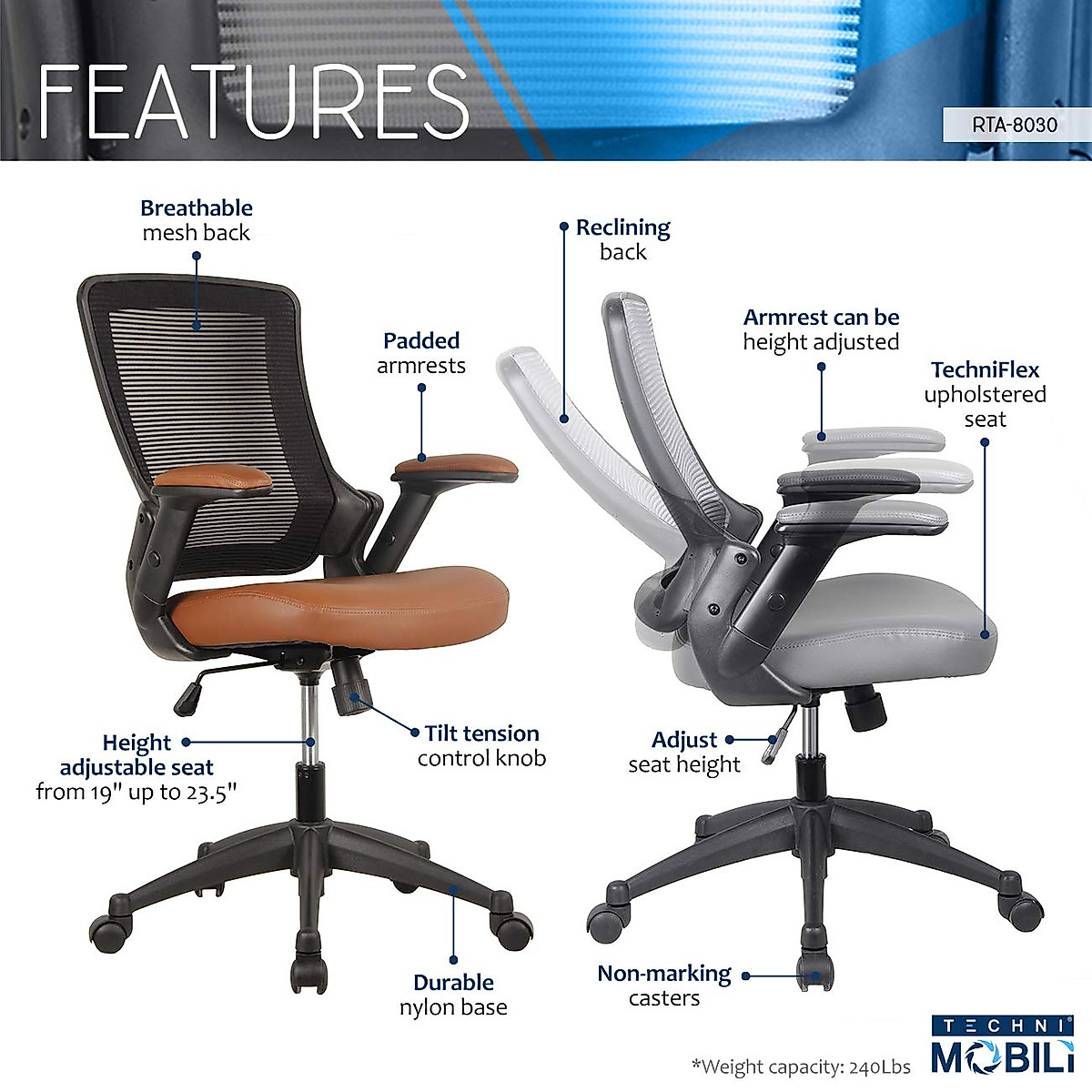 Techni Mobili Height Adjustable Arms Mid-Back Mesh Task Office Chair, 25" W x 25" D x 34-44" H, Brown