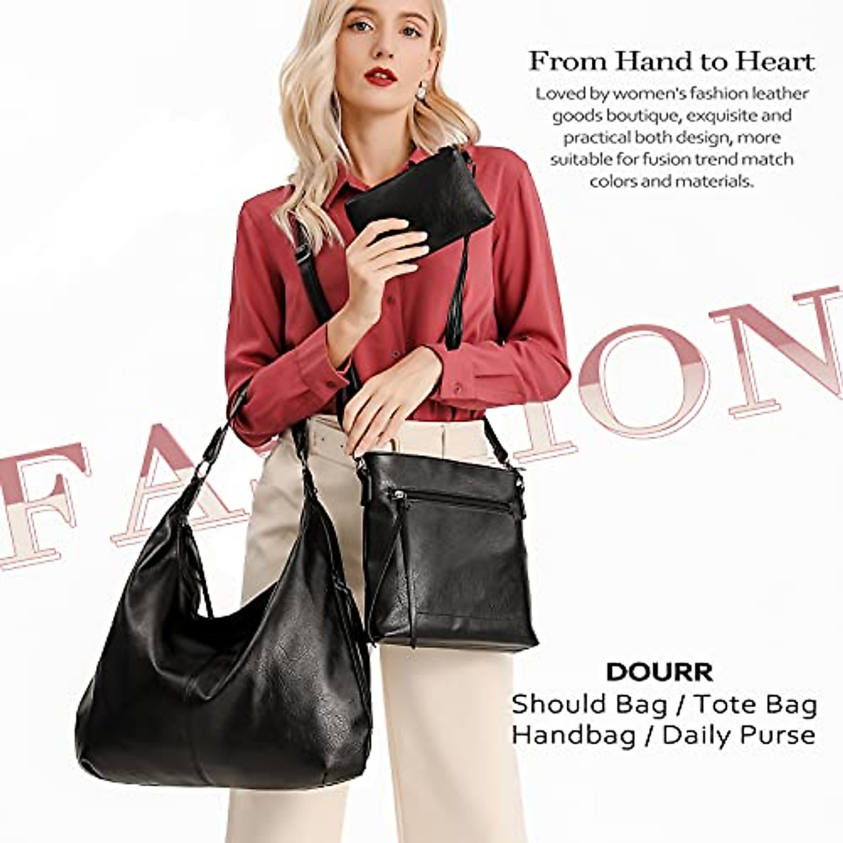 DOURR Hobo Bags for Women Faux Leather Hobo Handbags Ladies Shoulder Tote Bag Everyday Purse (Black - 2pcs)