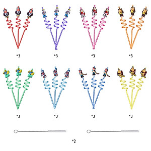 24 Pcs Robot Party Supplies Favors Drinking Straw, Kids Party Favor, Plastic Reusable Loop Drinking Straw with Cute the Characters, 2-Pcs Cleaning Brush