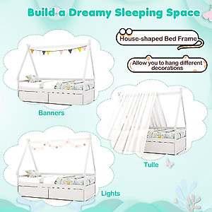 Giantex Twin Bed with 2 Storage Drawers, Wood Montessori House Tent Bed Frame with Safety Guardrail, Low Teepee Bed with Wood Slat Support for Boys Girls Teens, No Box Spring Needed, Kids Bed (White)
