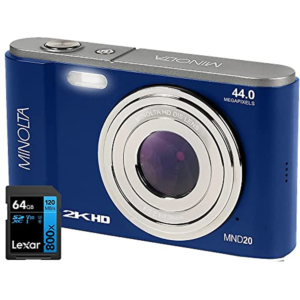Minolta MND20-BL 44 MP / 2.7K Ultra HD Digital Camera Blue Bundle with Lexar 64GB High-Performance 800x UHS-I SDHC Memory Card Blue Series