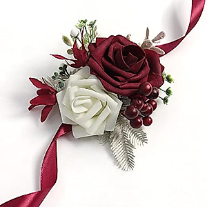 Emivery 6Pcs Burgundy Flowers Wrist Corsage, Wrist Rose Flower Corsage Wristlet Band Bracelets Wedding Prom Party Hand Flower Decor