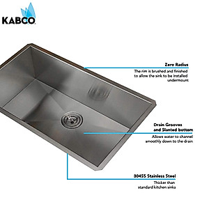 KABCO K-SSZRIS5 16 Gauge 28 Inch Undermount Zero Radius Stainless Steel Kitchen Sink Big Single Bowl Stainless Steel Grid Combo Package 28"L X 18"W X 10"D Inch