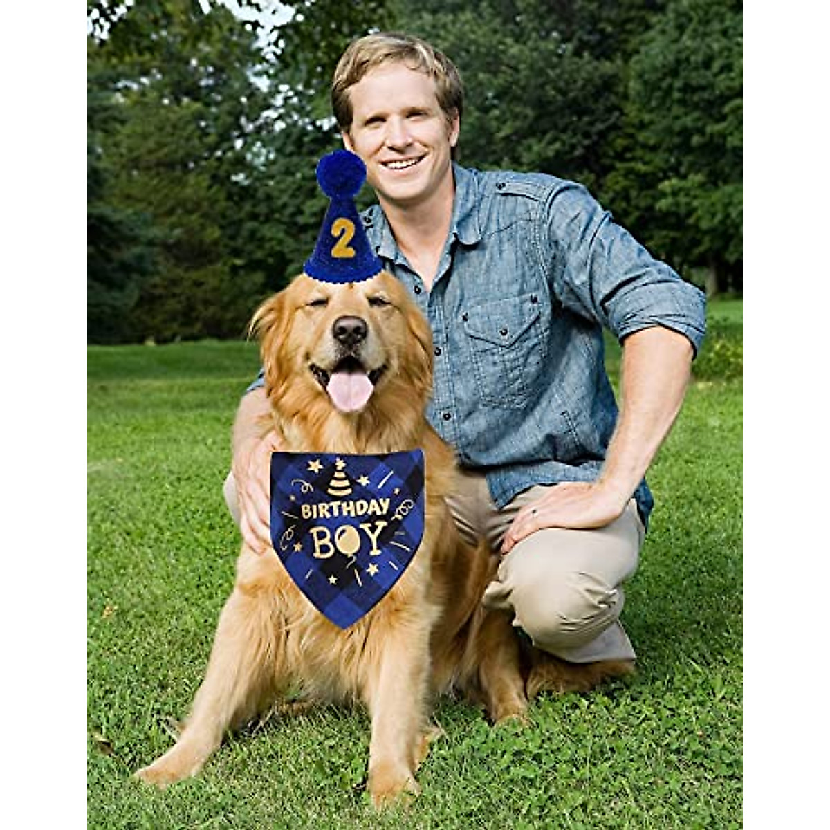 AULEGE Adorable Hat and Bandana Square Scarf for Dog Birthdays, Boy Dog Birthday Crown Hat for Small Medium Large Dog, Birthday Outfit and Decoration Supply Set, Royal Blue