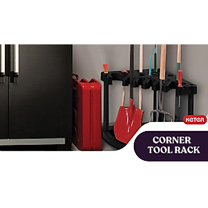 Keter Compact Corner Tool Rack for Maximum Storage and Organization - Easy to Assemble and Organize 25 Long-Handled Garden Tools, Rakes, Brooms, Shovels and Accessories