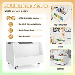 Costzon Wooden Toy Box, Kids Toy Storage Organizer with Front Bookshelf, Flip-Top Lid, Safety Hinge, 4 Universal Wheels, Boys Girls Toy Chest Bench for Playroom Kids Room Organization (White)