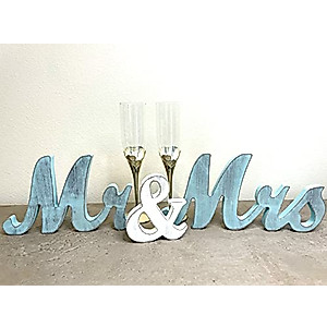 Mr & Mrs Wood Sign Wedding Decorations for Bride & Groom Reception Head Table. Wooden Letters for Married Couple's Centerpiece, Engagement & Bridal Shower Party Or Wedding Cake Table. (Rustic Blue)