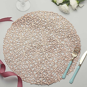 TABLECLOTHSFACTORY 6 Pack | 15" Rose Gold Round Woven Vinyl Placemats | Non Slip Dining Table Placemats for Wedding Events Birthday Party