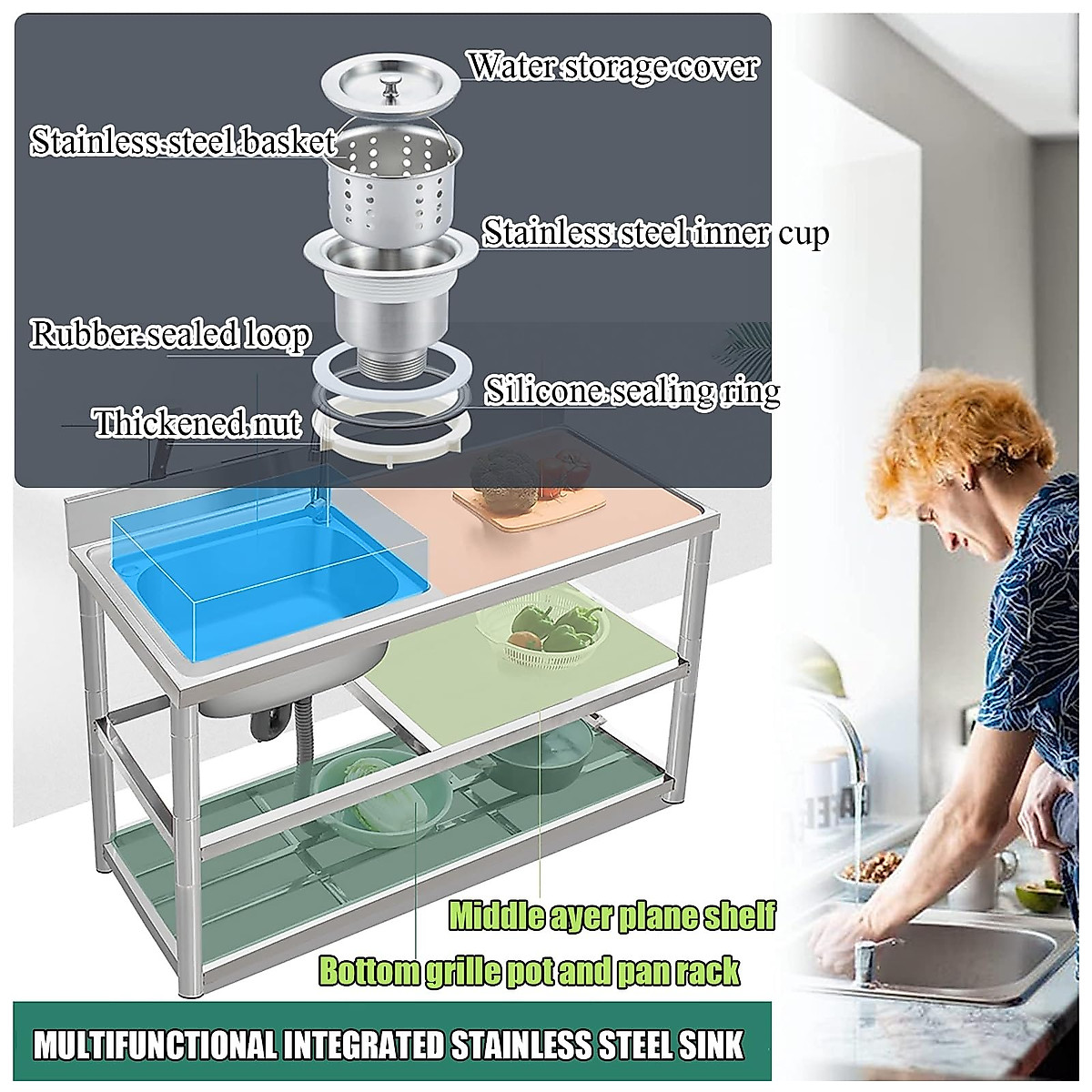 SEYFI Kitchen Sinks Outdoor Free Standing,Bowl,with Drainboard, U-Tility Prep Station Sink, Laundry Tub, Free Standing Stainless for Commercial Restaurant/Left - Hot and Cold/Left - Hot and Cold/120C