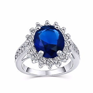 Bling Jewelry Personalize Classic Traditional 5CTW Royal Blue CZ Crown Halo Oval Cubic Zirconia Simulated Sapphire Engagement for Women Side Stones Promise Ring Silver Plated Customizable