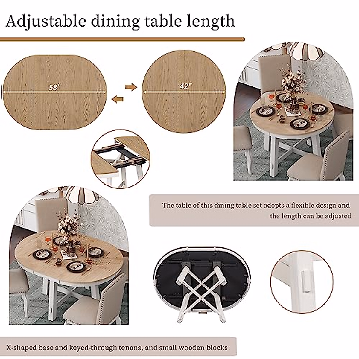 FIQHOME, Farmhouse Round Extendable 16" Leaf Table for Dining Room, Kitchen (Oak Natural Wood + Antique White)