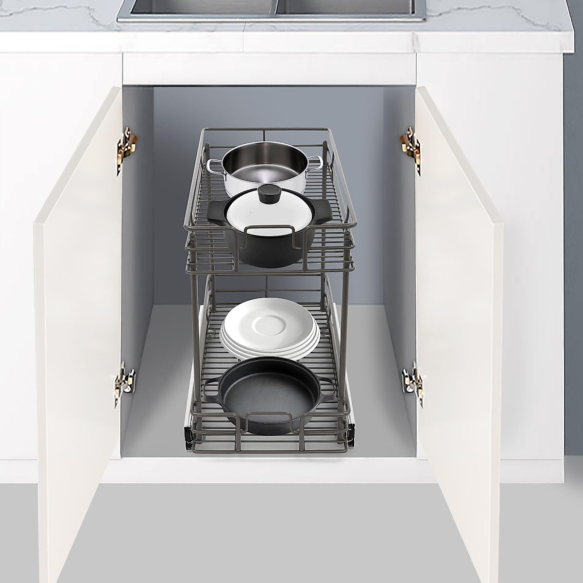 PIOJNYEN Pull Out Cabinet Organizer, 2-Tier Cabinet Pull Out Shelves, Kitchen Cabinet Organizer for Storing Kitchen Utensils Such As Dinner Plates, Bowls, Spices, Baking Supplies (10.5" W X 21.5" D)