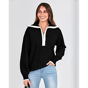 BTFBM Women's 2023 Fall Winter Half Zip Pullover Sweaters Casual V Neck Long Sleeve Ribbed Knit Loose Jumper Tops(Solid Black, Medium)