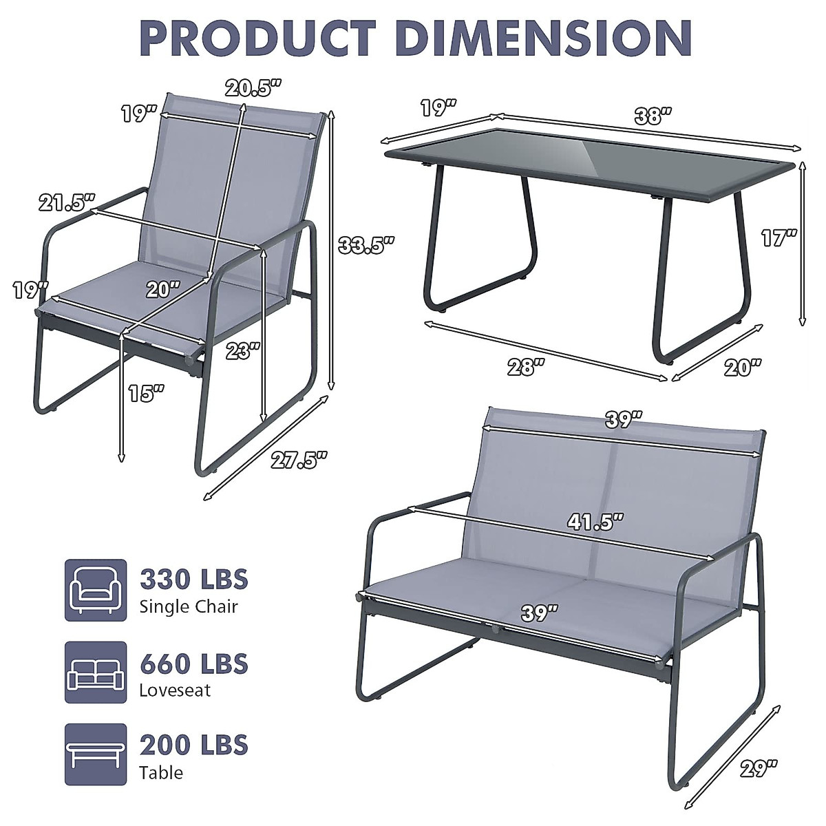 Tangkula 4 Pieces Patio Furniture Set, Outdoor Conversation Set with Tempered Glass Coffee Table, Metal Frame, Breathable Fabric, Indoor & Outdoor Chat Set of 4, for Patio, Poolside, Garden (Gray)
