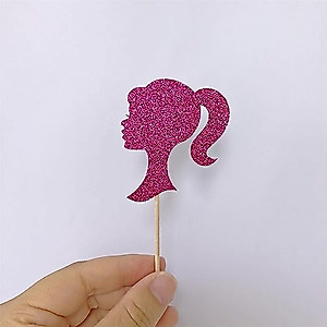 ALISSAR 27-Pack Glitter Hot Pink Princess Cupcake Toppers-Doll Head, Lip, High Heel-Cupcake Topper Cake Topper for Girls Birthday Party Decorations