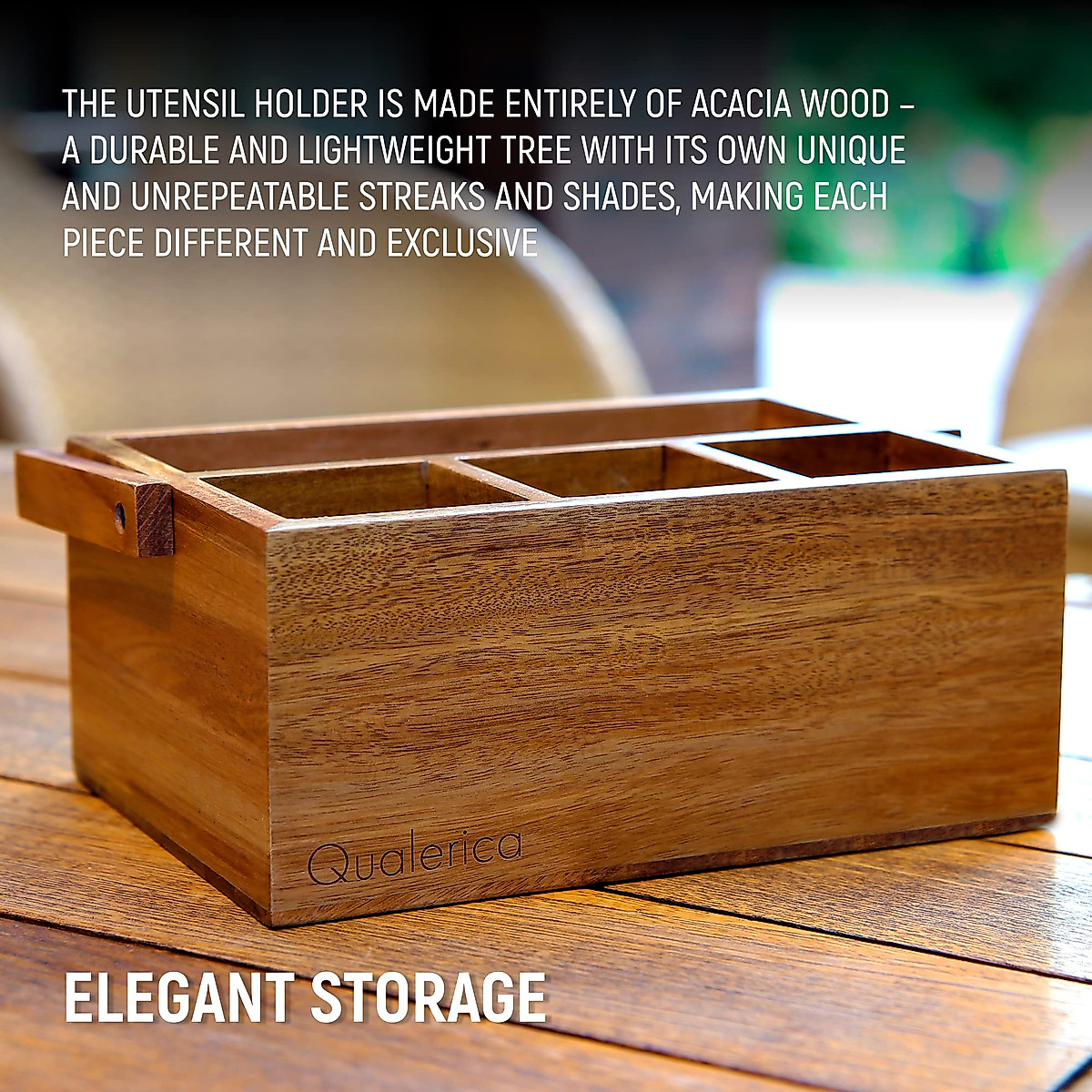 Qualerica Acacia Silverware Caddy with Handle, Rustic Utensil Holder with Handle for Farmhouse Kitchen Decor, Mulip-pose Organizer for Kitchen, Bathroom, Office, Bedroom (Four Compartments)