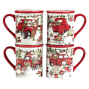 Certified International Red Truck Snowman 16 oz. Mugs, Set of 4, Multicolor