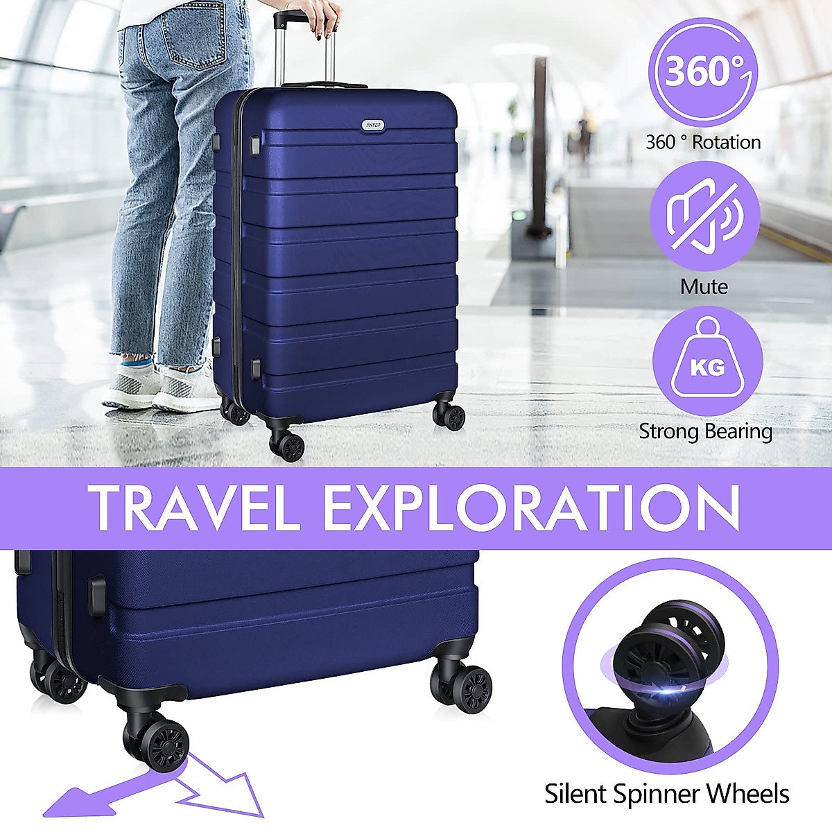 AnyZip Luggage PC ABS Hardside Lightweight Suitcase with 4 Universal Wheels TSA Lock Carry-On 20 Inch Dark Blue
