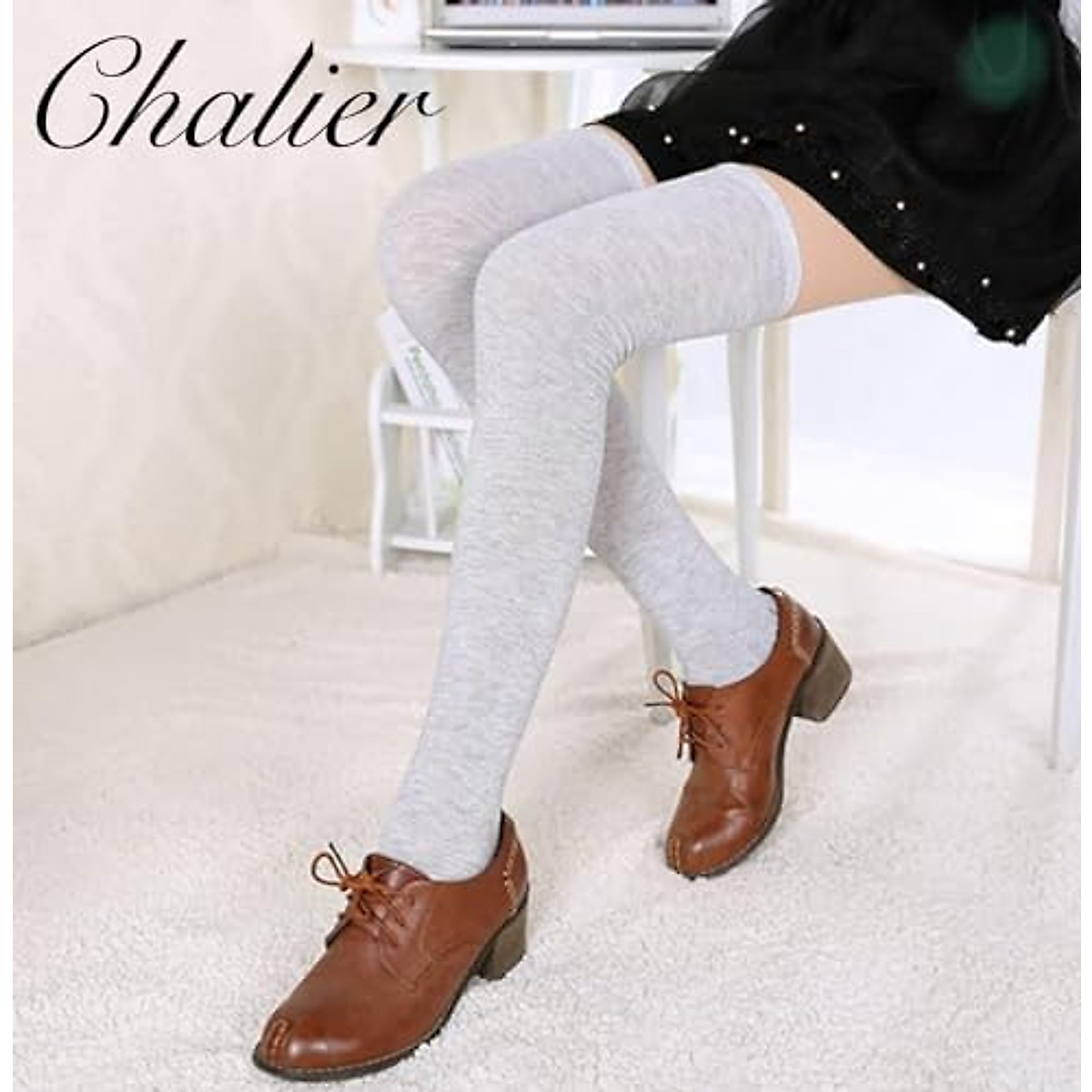 Chalier 3 Pack Womens Long Socks Over Knee Stockings, White,Gray,Black,OS