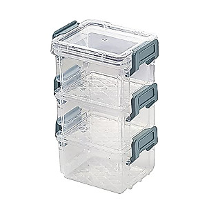 3 Pack Mini Plastic Storage Bin Organizing Container with Lids and Latching Buckles Stackable and Nestable Clear Storage Containers Latching Box with Handle for Organizing, Small(Blue/Grey Handle)